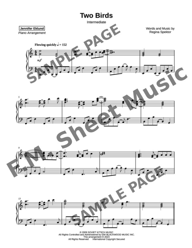 Two Birds (Intermediate Piano) By Regina Spektor - F.M. Sheet Music - Pop Arrangements by ...